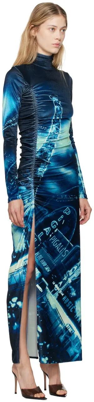 JEAN PAUL GAULTIER Printed Gathered Velvet Maxi Dress - Blue