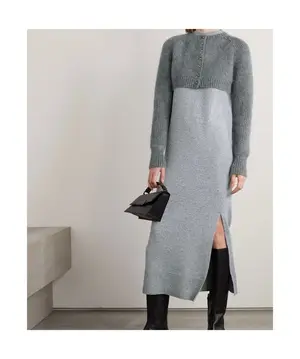 Sacai Layered Ribbed Maxi Dress With Faux Pearl Buttons