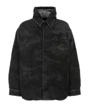 Balenciaga Hooded Denim Shirt Jacket With Distressed Wash