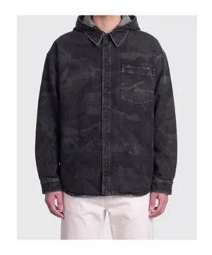 Balenciaga Hooded Denim Shirt Jacket With Distressed Wash