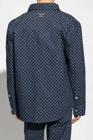 Balmain Monogram Jacquard Curved Hem Denim Shirt