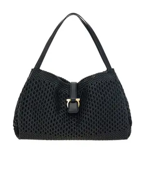 FERRAGAMO Woven Tote Bag With Gancio Buckle - Black