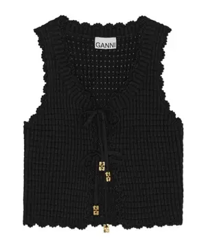 GANNI Ganni Textured Lace Knit Top With Tie Detail