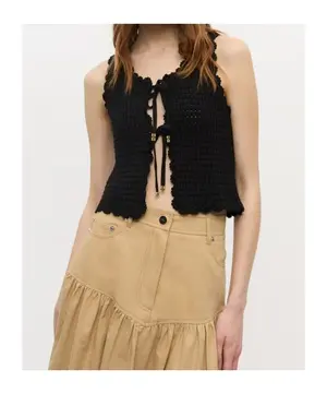 GANNI Textured Lace Knit Top With Tie Detail