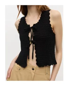 GANNI Textured Lace Knit Top With Tie Detail