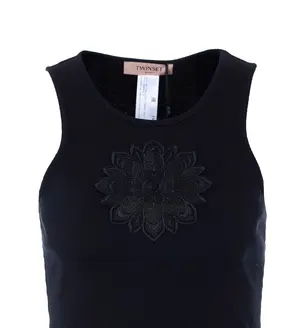 TWINSET Floral Embroidered Round Neck Tank Top - Black