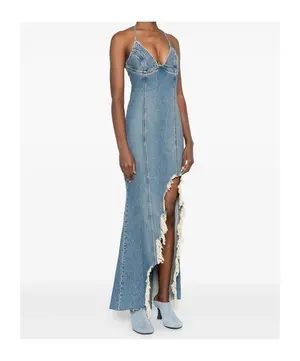 Blumarine Halterneck Frayed-hem Denim Maxi Dress