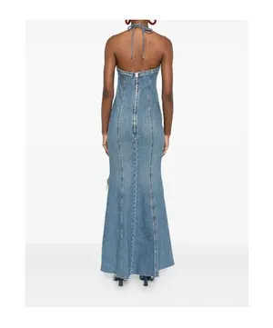 Blumarine Halterneck Frayed-hem Denim Maxi Dress