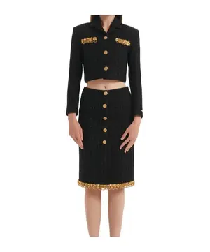 Marissa Chiara Cropped Tweed Jacket With Embellished Pockets