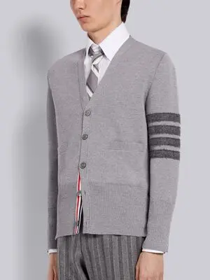 Thom Browne 4-bar V-neck Shetland Wool Cardigan - Medium Gray