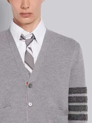 Thom Browne 4-bar V-neck Shetland Wool Cardigan - Medium Gray
