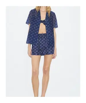 Tory Burch Camp Shirt With Contrast Silk Piping - Blue