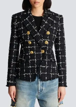 Balmain Check Tweed Double-breasted Jacket