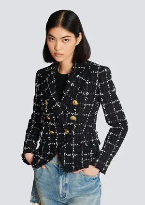 Balmain Check Tweed Double-breasted Jacket