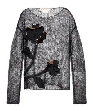 Marni Floral Embellished Round Neck Sweater - Black