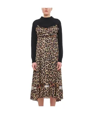 Sacai Leopard Printed Midi Dress With Logo Detail