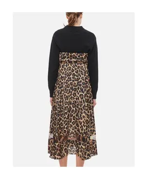 Sacai Leopard Printed Midi Dress With Logo Detail