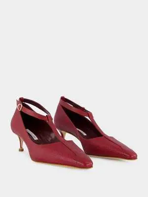 Manolo Blahnik Rosellon T-strap Leather Kitten Pumps - Deep Red
