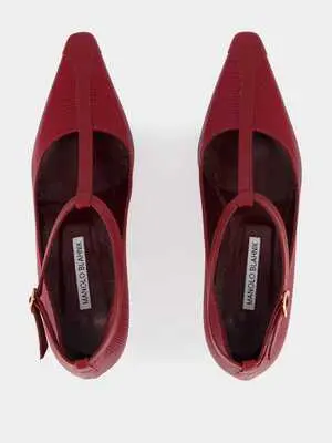 Manolo Blahnik Rosellon T-strap Leather Kitten Pumps - Deep Red
