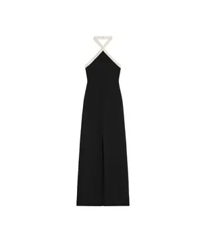 Celine Column Dress In Satin-lined Crepe With Sequined Ribbons And Open Back