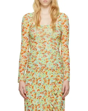 GANNI Printed Mesh Square Neck Blouse