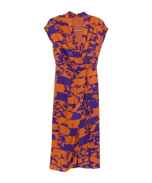 Dries Van Noten Short Sleeve Printed V-neck Midi Dress - Purple