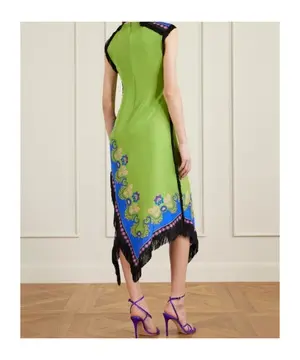 La DoubleJ Asymmetrical Fringed Printed Silk Midi Dress - Green