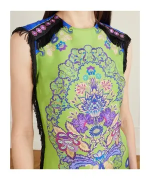 La DoubleJ Asymmetrical Fringed Printed Silk Midi Dress - Green