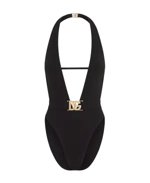 Dolce & Gabbana Logo Plaque Plunge Neck Swimsuit - Black