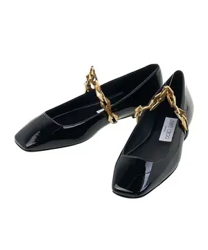 JIMMY CHOO Patent Square Toe Logo Chain Flats