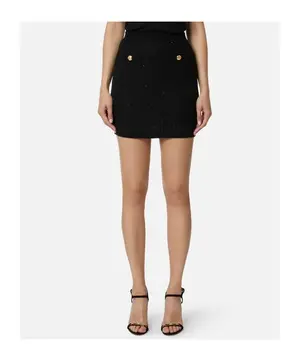 Elisabetta Franchi Sequin Knit Mini Skirt With Gold Button Details - Black