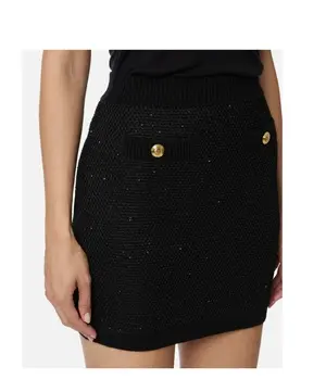 Elisabetta Franchi Sequin Knit Mini Skirt With Gold Button Details - Black