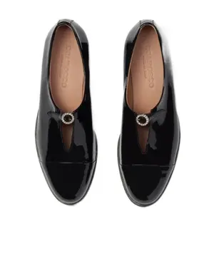 SCAROSSO Vittoria Patent Leather Monk Strap Shoes With Strass Buckle - Black