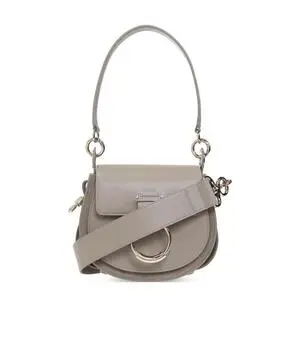 Chloé Tess Logo Embossed Ring Embellished Shoulder Bag - Gray