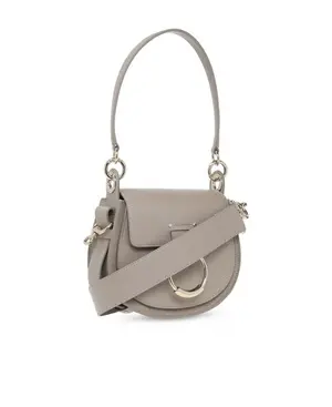 Chloé Tess Logo Embossed Ring Embellished Shoulder Bag - Gray