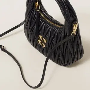 Miu Miu Wander Matelassé Logo Plaque Mini Hobo Bag - Black
