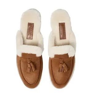 SCAROSSO Lucrezia Shearling Slip-on Mules With Tassel Detail - Cinnamon