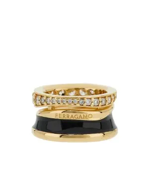 FERRAGAMO Wide Band Ring With Crystals And Enamel - Gold/black