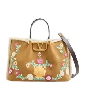Valentino Garavani Medium Vlogo-signature Floral-embroidered Suede Tote Bag