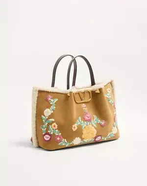 Valentino Garavani Medium Vlogo-signature Floral-embroidered Suede Tote Bag