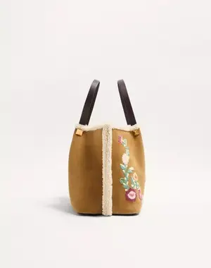 Valentino Garavani Medium Vlogo-signature Floral-embroidered Suede Tote Bag