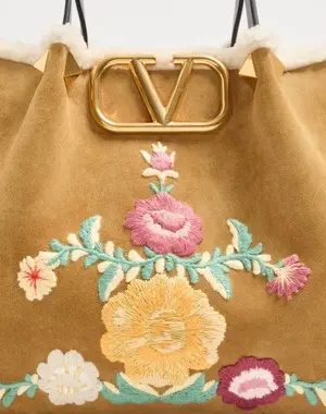Valentino Garavani Medium Vlogo-signature Floral-embroidered Suede Tote Bag