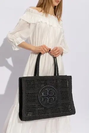 Tory Burch Ella Raffia Tote Bag - Black