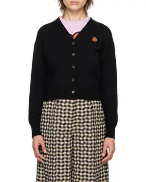 Kenzo V-neck Buttoned Knitted Cardigan With Boke Flower Badge - Black