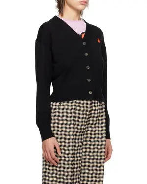 Kenzo V-neck Buttoned Knitted Cardigan With Boke Flower Badge - Black