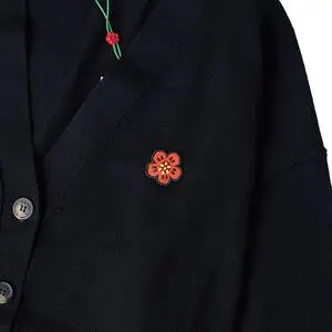 Kenzo V-neck Buttoned Knitted Cardigan With Boke Flower Badge - Black