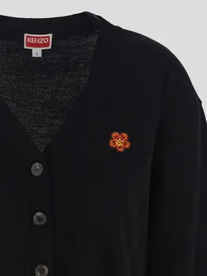 Kenzo V-neck Buttoned Knitted Cardigan With Boke Flower Badge - Black
