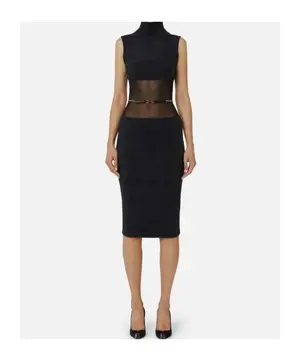Elisabetta Franchi High-neck Sleeveless Knit Dress With Fur-effect Texture And Chain Belt - Black
