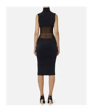 Elisabetta Franchi High-neck Sleeveless Knit Dress With Fur-effect Texture And Chain Belt - Black