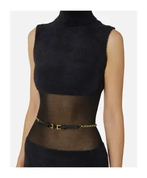 Elisabetta Franchi High-neck Sleeveless Knit Dress With Fur-effect Texture And Chain Belt - Black